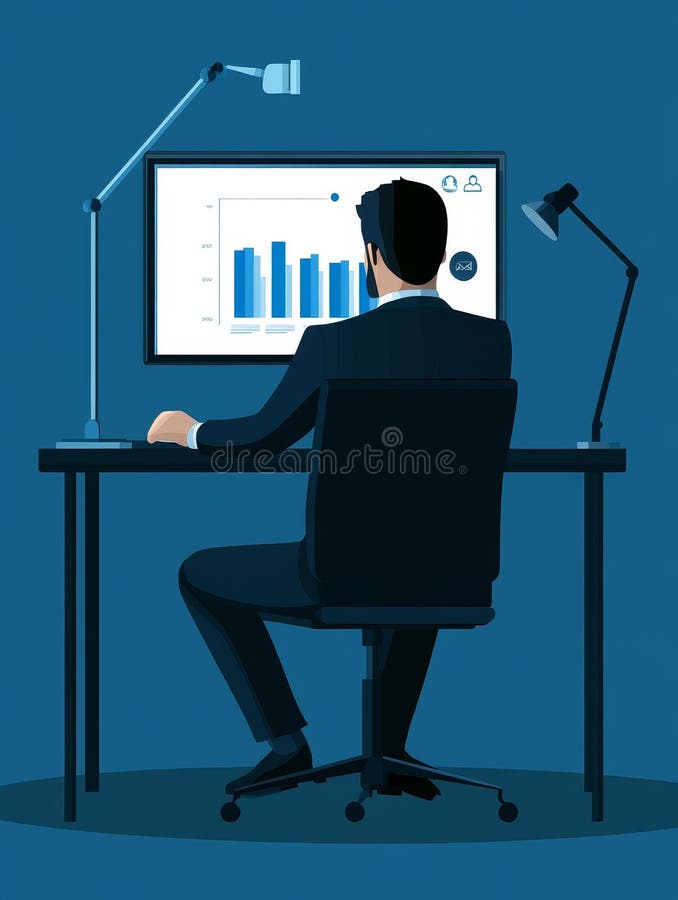 A Businessman Sits at His Desk Facing a Computer Screen Displaying a ...