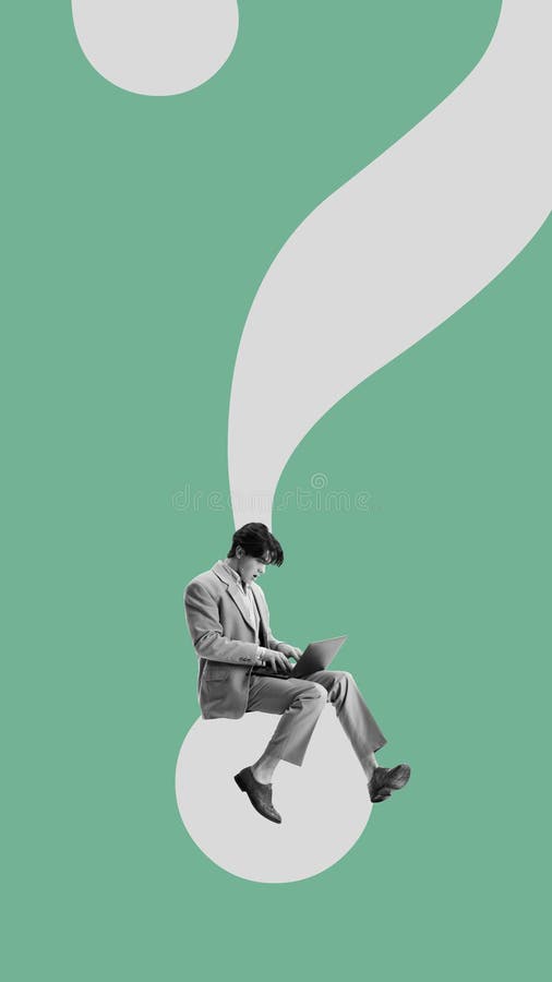 Businessman Sits on Large Question Mark while Working on Laptop ...