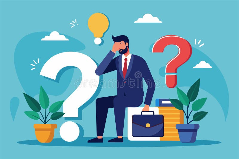 A Businessman Sits Thoughtfully among Question Marks and Plants ...