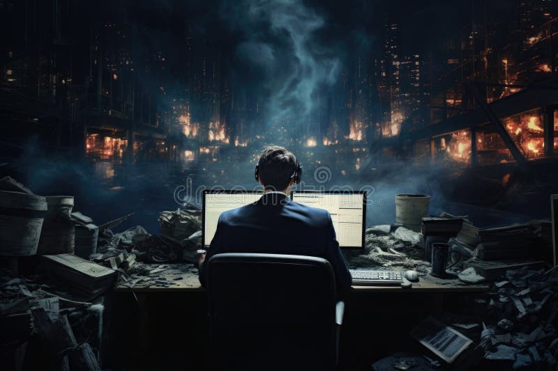 Businessman Sitting in a Dark Room and Looking at the Computer Screen ...