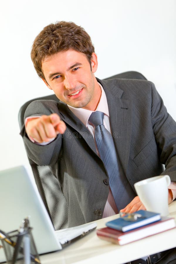 Businessman Sitting at Desk and Pointing on You Stock Image - Image of ...