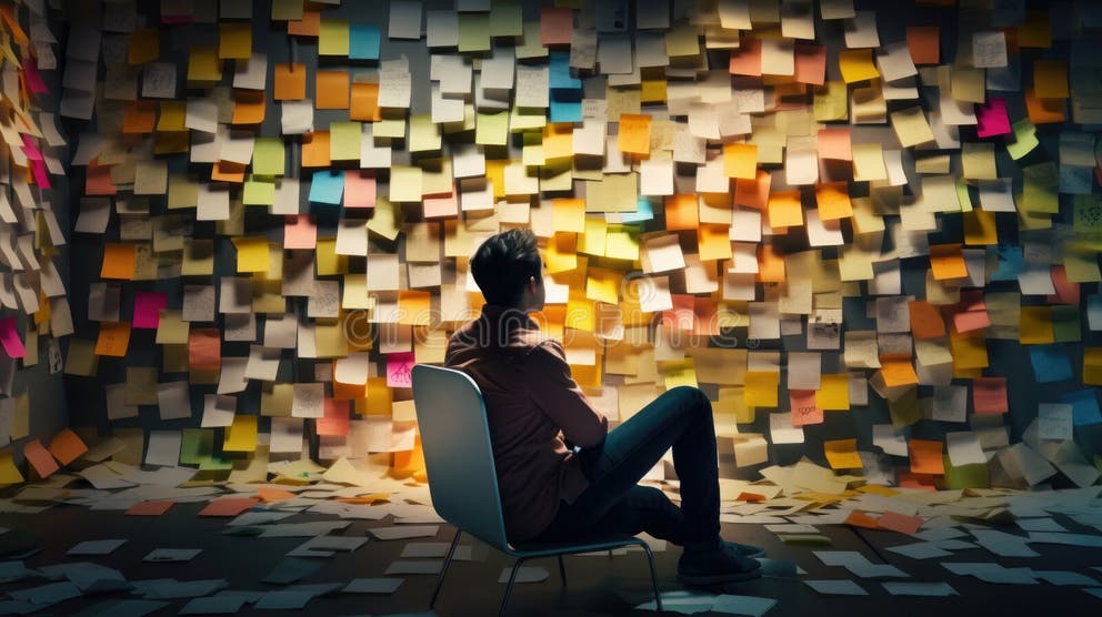 Businessman Sitting in Front of Wall Covered in Sticky Notes Stock ...