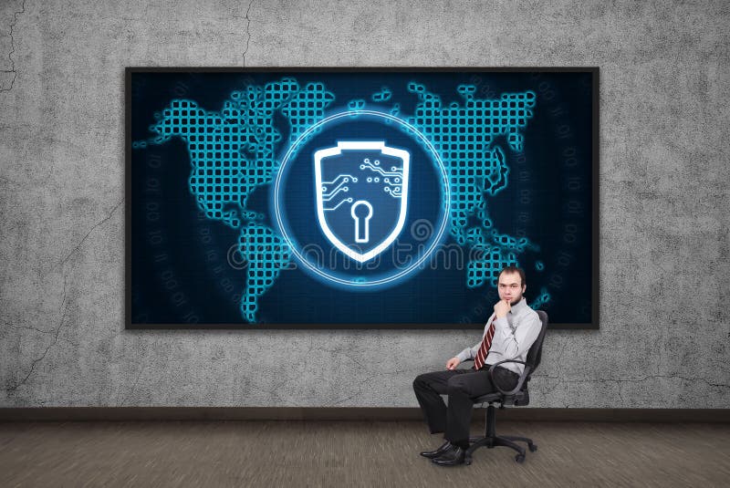 Businessman Sitting in Office with Digital Shield Interface Stock Image ...