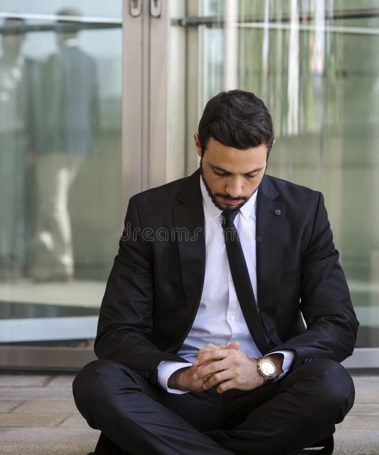 Businessman Sitting Outside on the Curb and Waiting Stock Image - Image ...