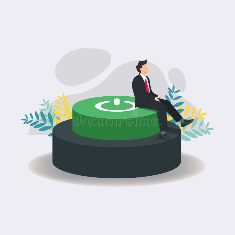 Businessman Sitting on the on Power Button. Business Autopilot Concept ...