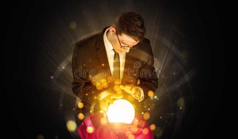 Businessman Sitting with Sparkling Magic Ball Stock Image - Image of ...