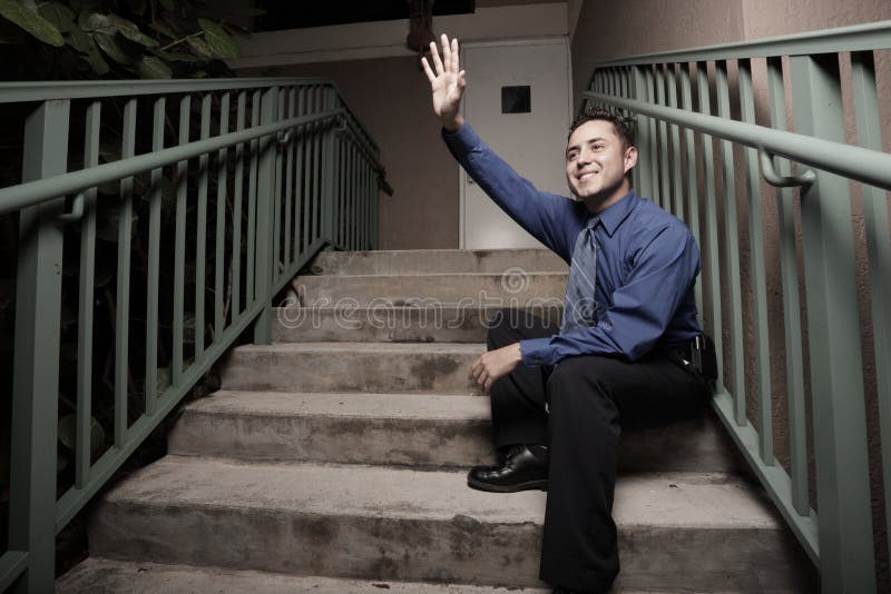 Businessman Sitting on Steps Stock Photo - Image of gesturing, single ...
