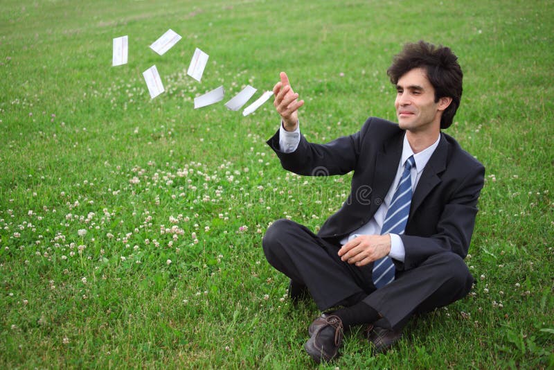 Businessman Sitting and Throwing Paper Cards Stock Image - Image of ...