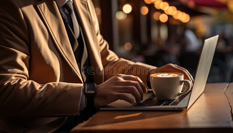 A Businessman Sitting, Typing on Laptop, Drinking Coffee Generated by ... A Businessman Sitting, Typing on Laptop, Drinking Coffee Generated by ...
