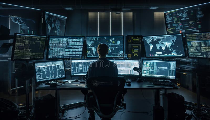 Businessman Sitting, Watching Computer Experts Network Globally ...