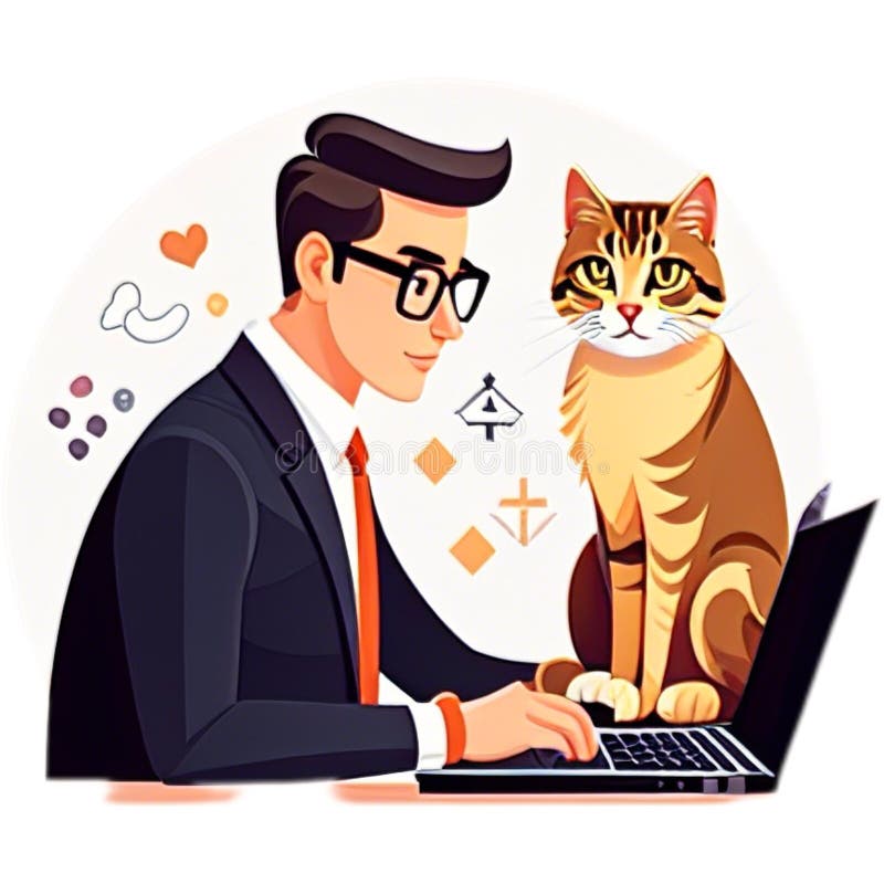 Businessman Sitting and Writing Code on Laptop with a Cat Sitting Next ...