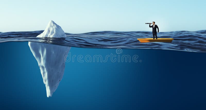 Businessman on Small Boat Looking through Telescope at Iceberg ...