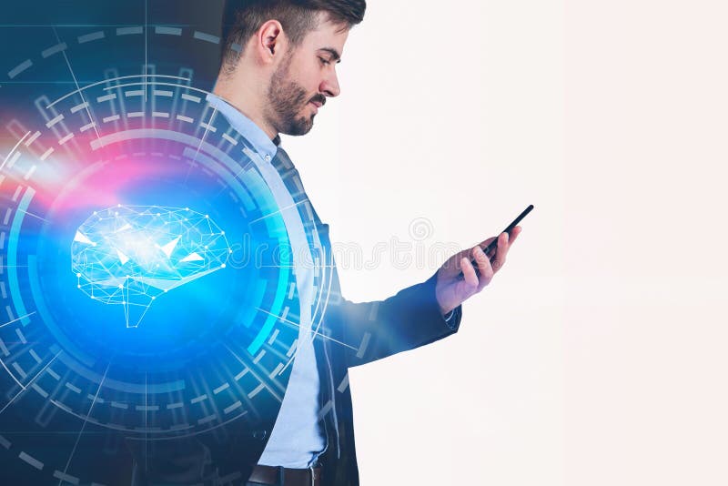 Businessman with Smartphone, Brain Interface Stock Image - Image of ...
