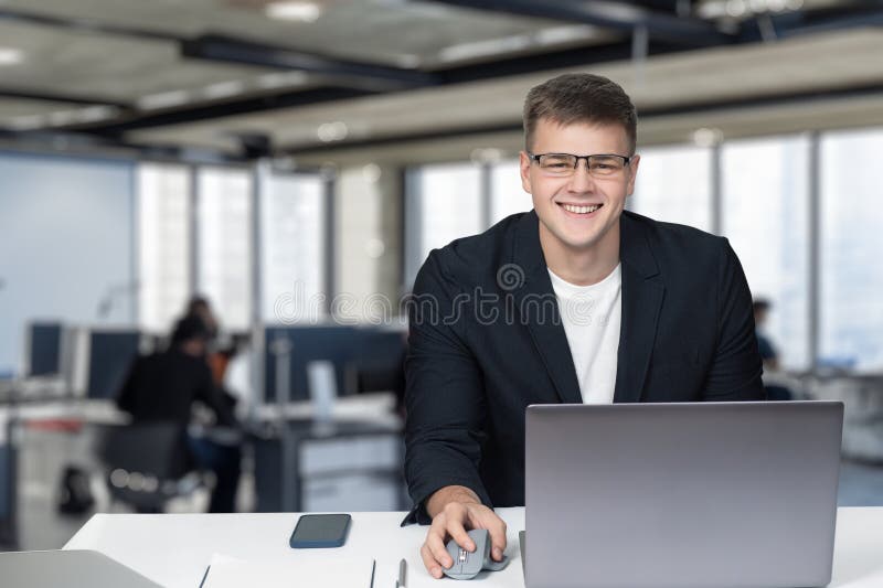 Businessman Working on Virtual Computer with Software Stock Image ...