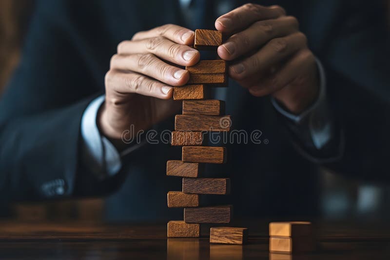 Businessman Stacking Wooden Blocks in a Tower, Concept of Strategy ...