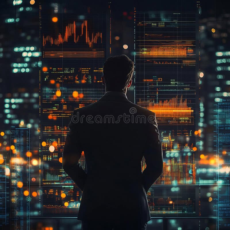 Businessman Standing and Analyzing Interactive Data Against the ...