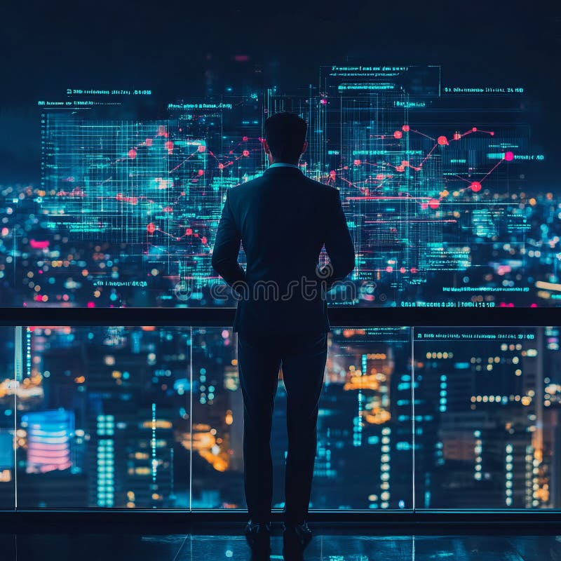 Businessman Standing and Analyzing Interactive Data Against the ...