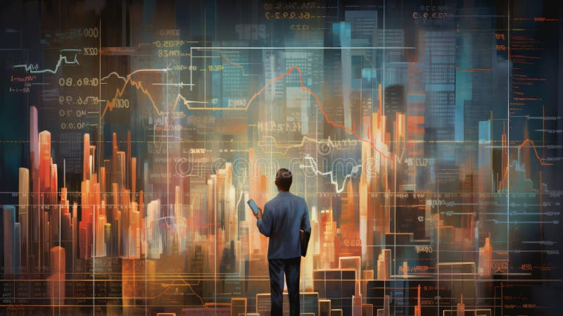 Businessman Standing with Back and Drawing on Screen Stock Market Infographs Stock Illustration ...