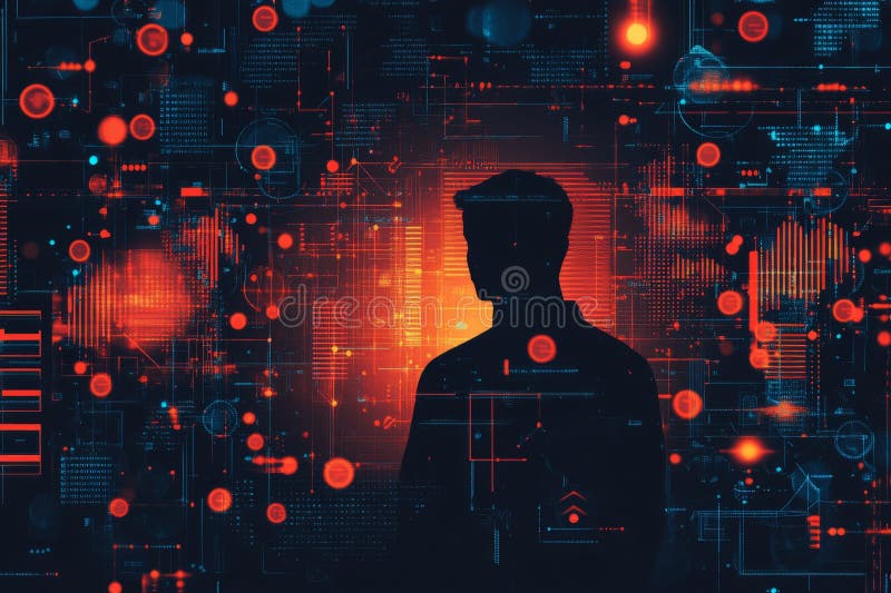 Businessman Standing with Back To Viewer Looking at Glowing Data Flow ...