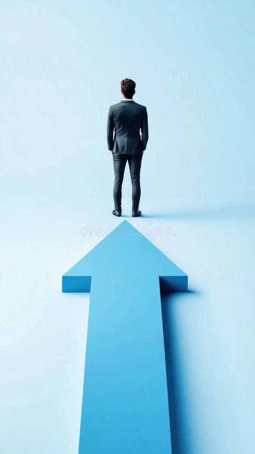 Businessman Standing on a Blue Arrow Pathway Stock Illustration ...
