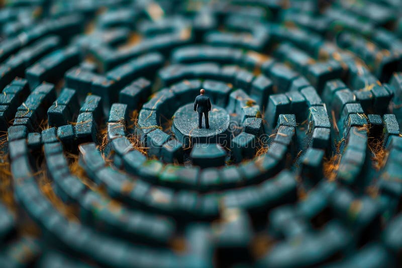 Businessman Standing in Center of Circular Maze Conundrum Stock Image ...