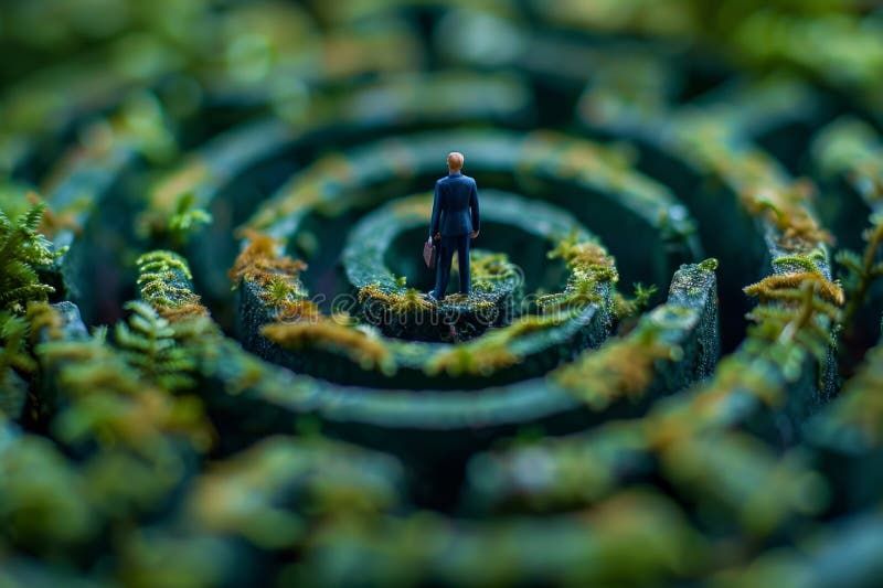 Businessman Standing in Center of Circular Maze Conundrum Stock Photo ...