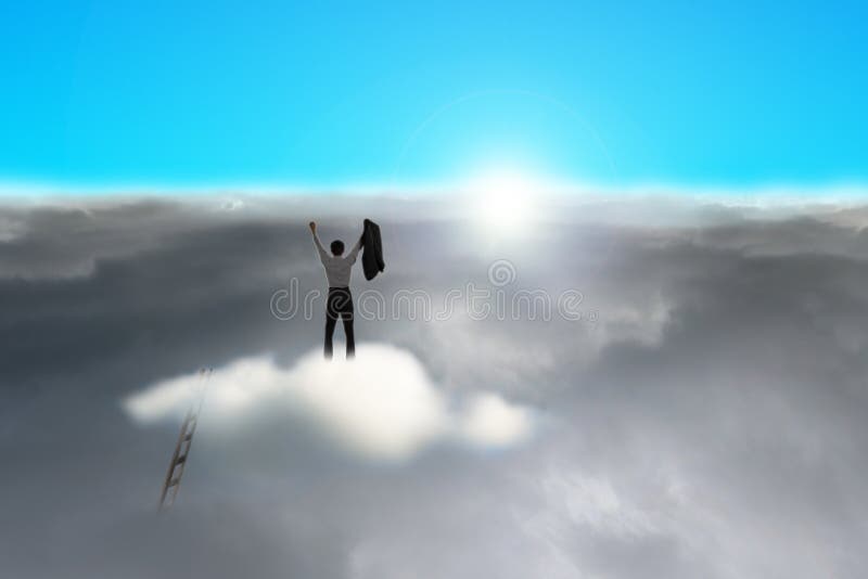 Businessman Standing on Cloud Against Sun Stock Photo - Image of people ...