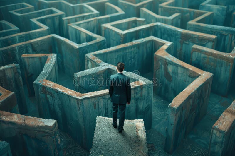 Businessman Standing in a Concrete Maze is Looking for a Solution Stock ...