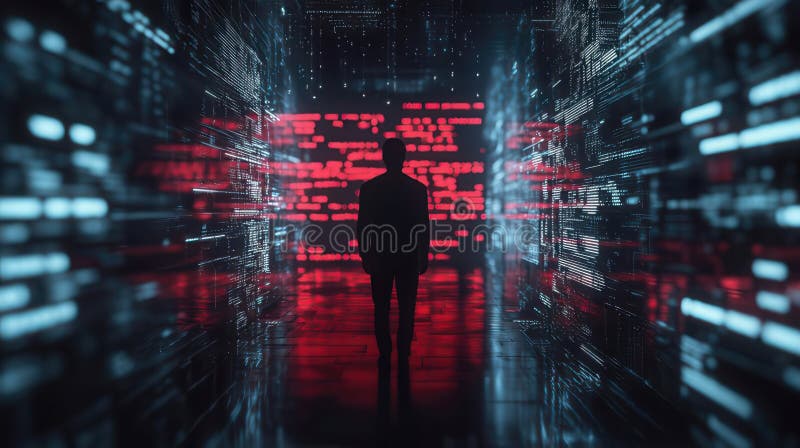 Businessman Walking in Digital Corridor Examining Lines of Code Flowing ...