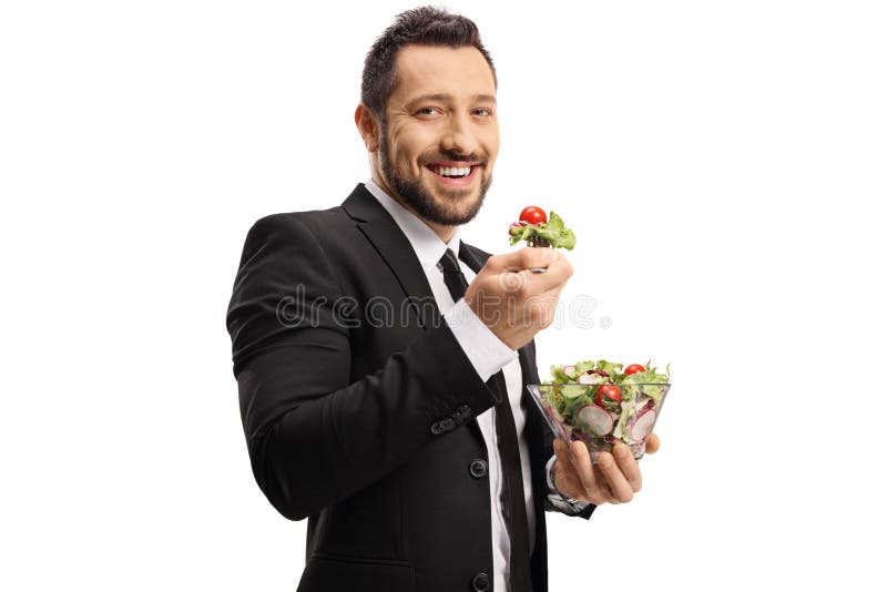 Businessman Standing and Eating a Salad Stock Image - Image of salad ...