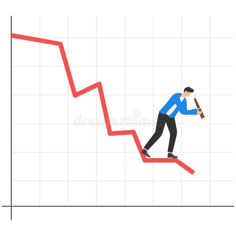 Businessman Standing on a Falling Down Red Graph Looks for the Bottom ...
