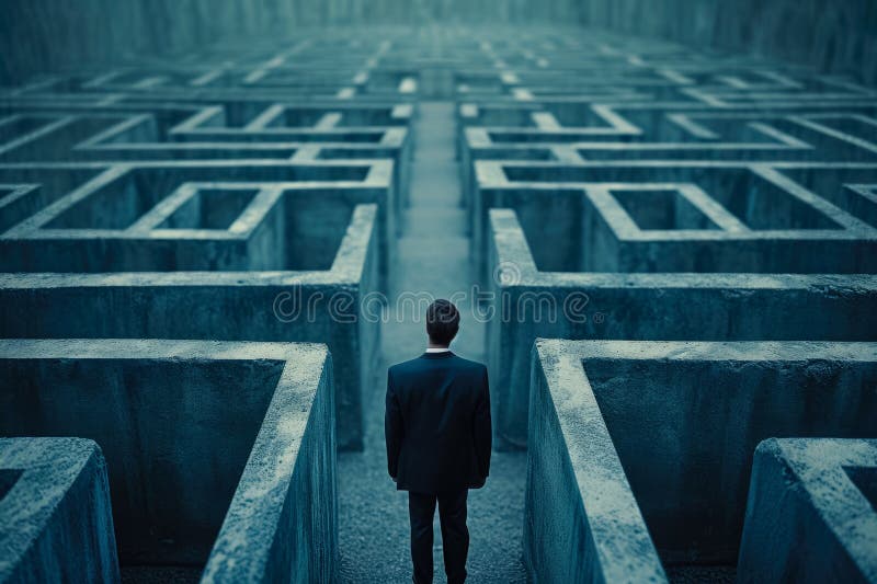 Businessman Standing at a Fork in the Road in a Maze, Looking ...
