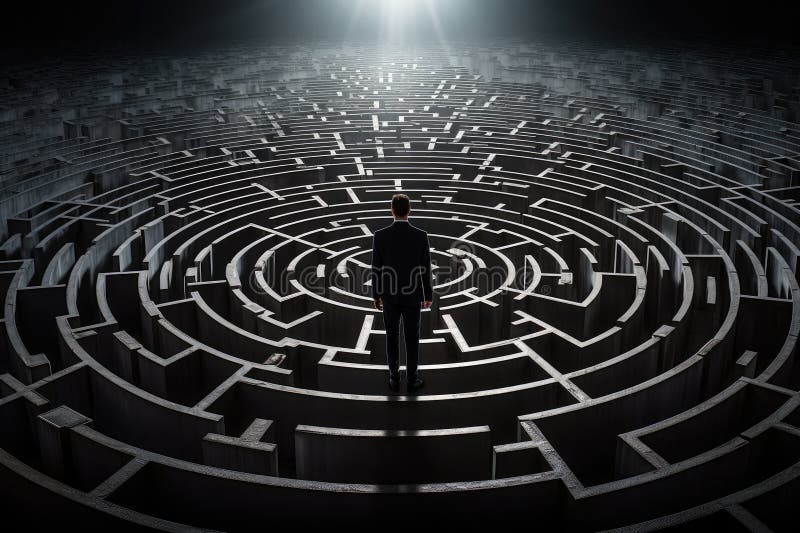 Man Walking into Big Labyrinth. Finding Solution Concept Stock ...