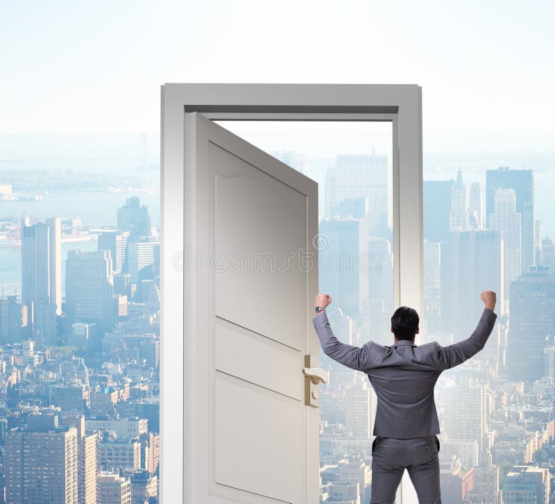 Businessman Standing in Front of Door into Future Stock Image - Image ...