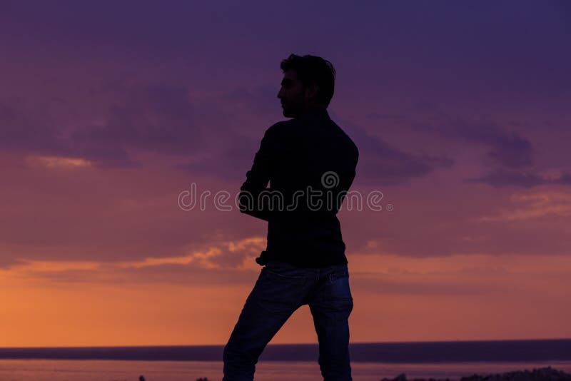 Man on Sunset Thinking Outdoors Stock Photo - Image of masculine ...