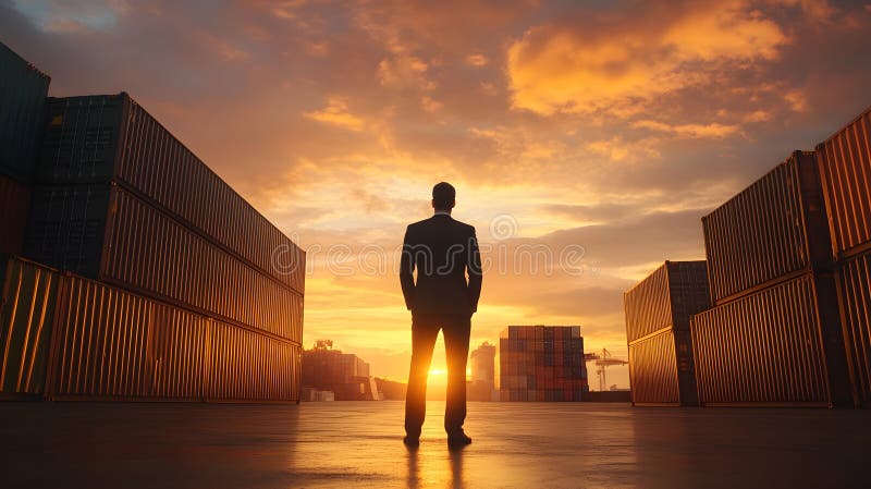 Businessman Standing in Front of Shipping Containers at Sunset ...