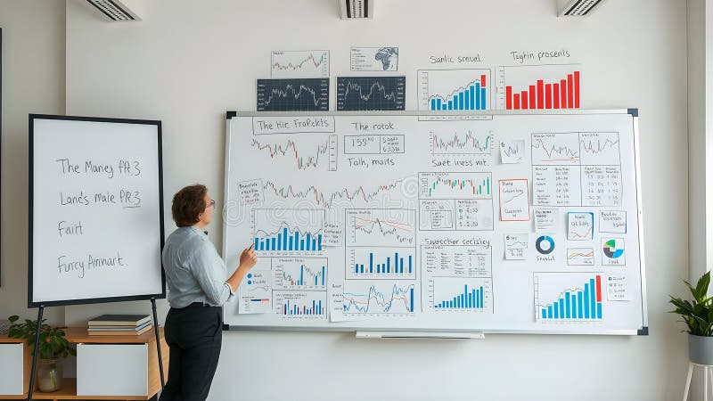 Businessman Standing in Front of Whiteboard with Financial Graph on it ...