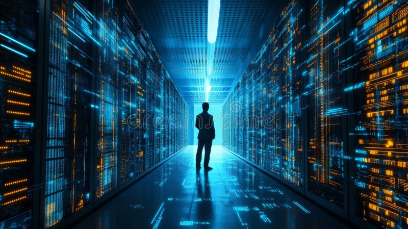 Businessman Standing in a Futuristic Data Center with Glowing Digital ...
