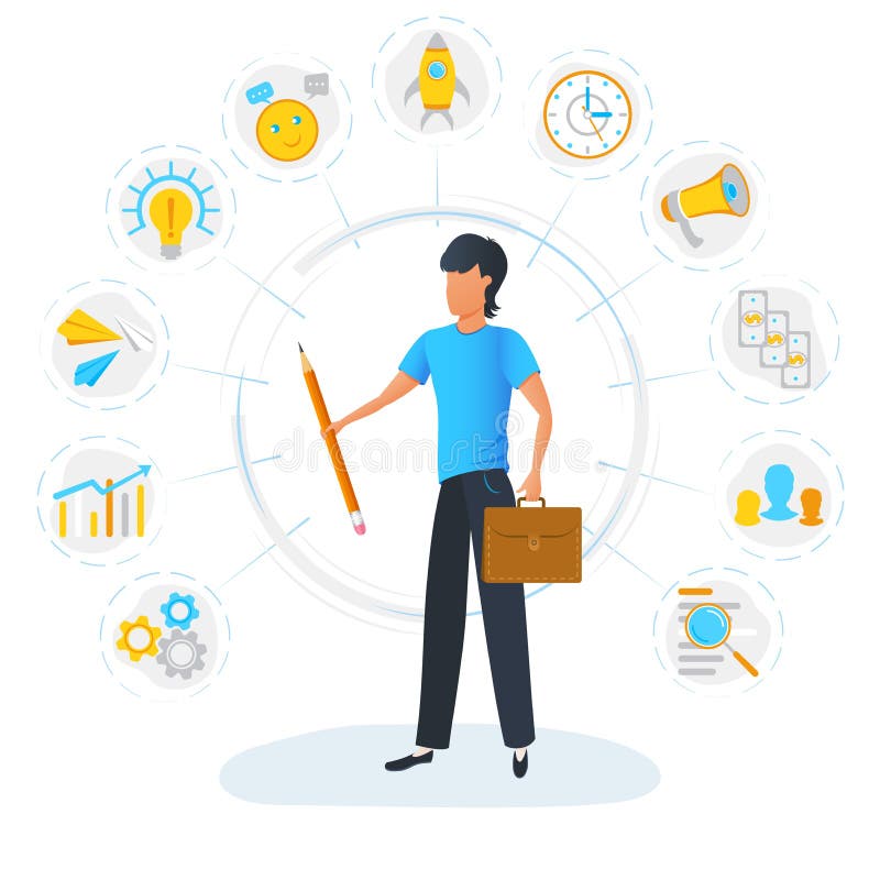 Businessman is Standing and Holding Briefcase Surrounded by Office Task ...