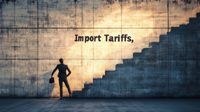 Businessman Standing before Large Wall with Text Import Tariffs ...