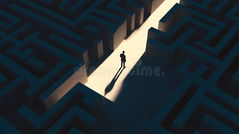 A Businessman Standing in a Lit Pathway within a Dark Complex Maze ...