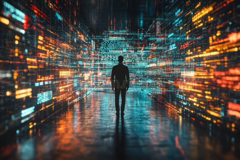Businessman Standing Looking at Futuristic Digital Data Interface Stock ...
