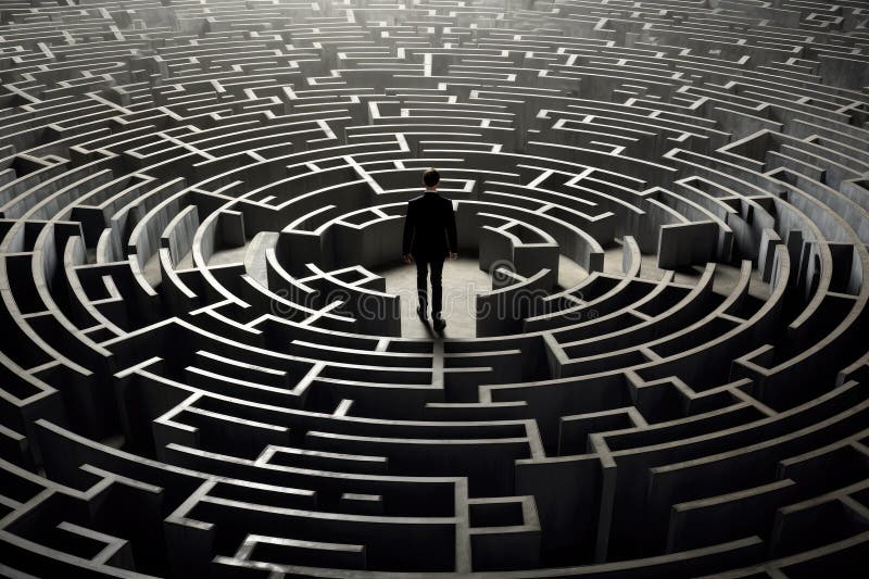 Businessman Standing in the Middle of a Circular Maze with a Solution ...