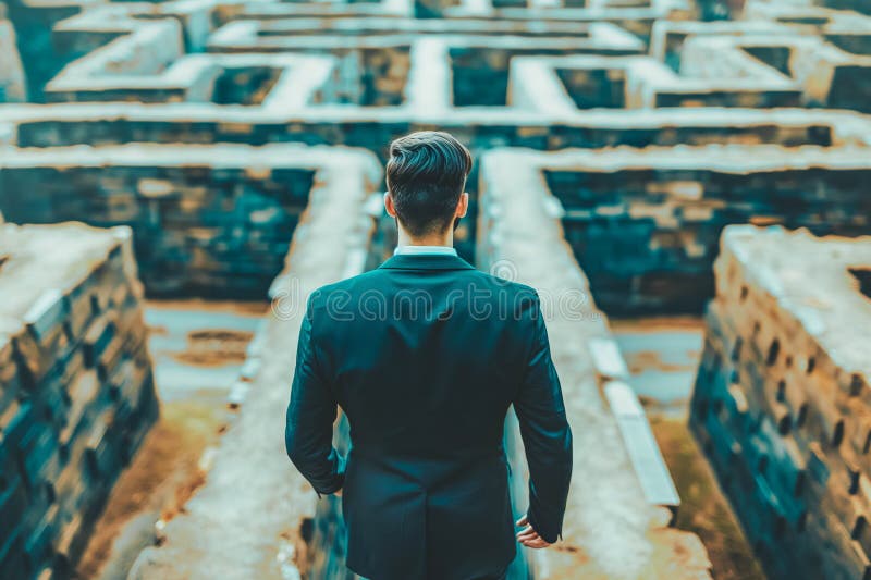 Businessman Standing in Middle of a Maze Looking for the Right Way Out ...