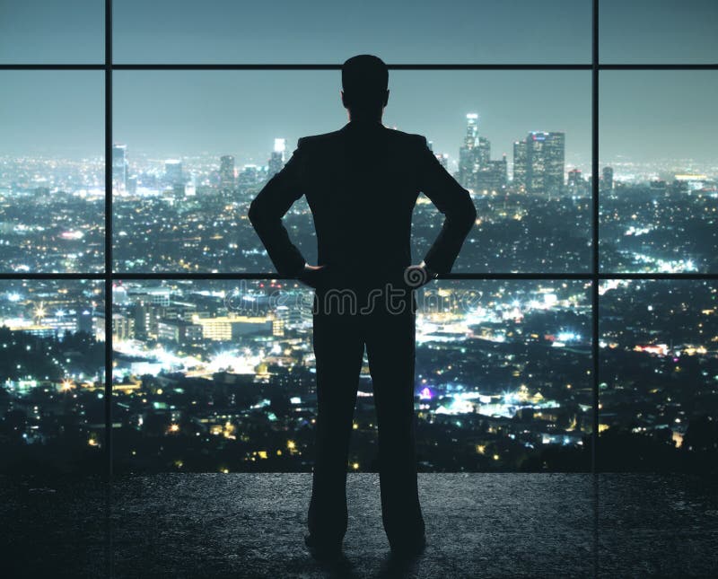 Businessman Standing in Night Office Stock Image - Image of office ...
