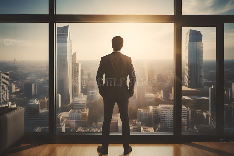 Businessman Standing in Office Room in Front of Big Window Stock Image ...