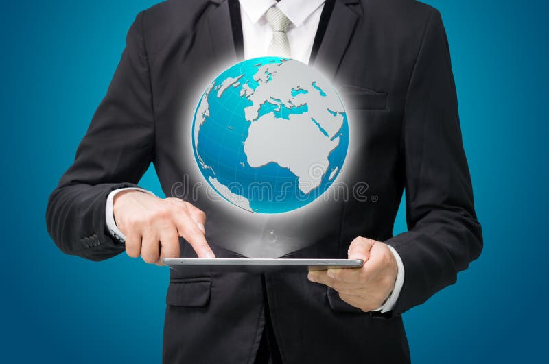 Businessman Standing Posture Hand Hold Globe Map on Tablet Stock Image ...
