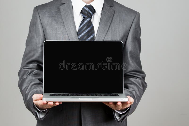 Businessman Standing Posture Hand Hold Notebook Laptop Stock Image ...