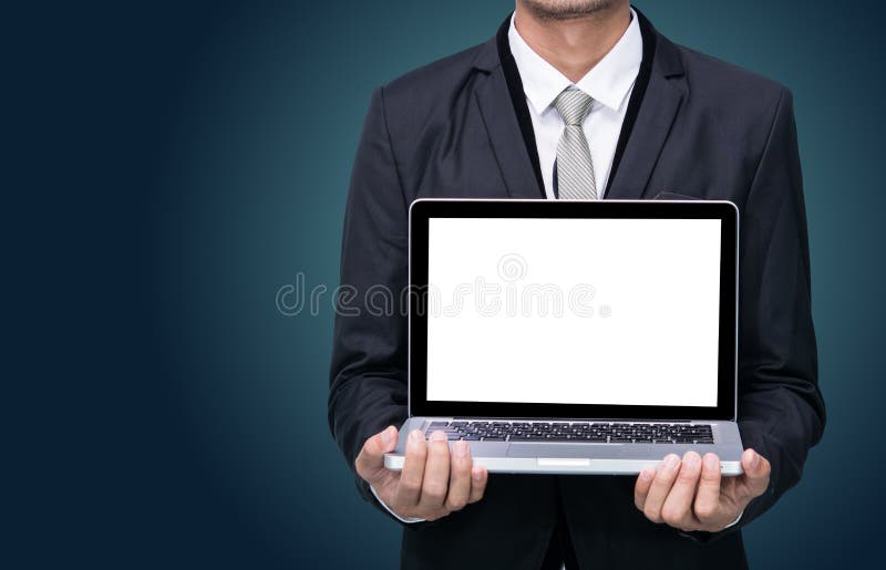 Businessman Standing Posture Hand Hold Notebook Laptop Isolated Stock ...