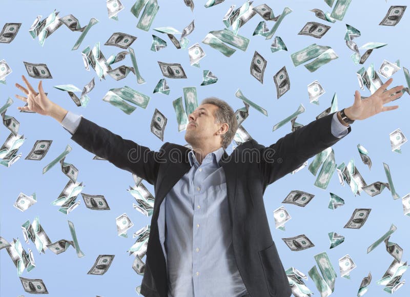Businessman Standing in the Rain of Money Stock Photo - Image of profit ...